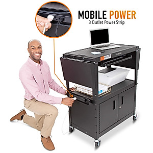 Line Leader Large AV Cart with Locking Cabinet & Drop Leaves, Rolling Height Adjustable Utility Cart with Pullout Laptop Keyboard Tray & Cord Management, Narrow Mobile Workstation (Black, 54 x 18)