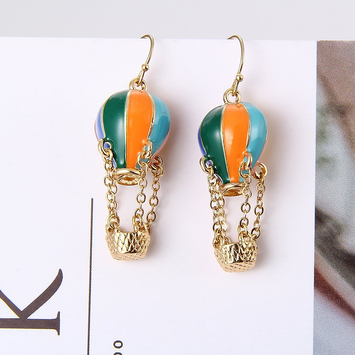 Lureme® Colorful Enamel Hot Air Balloon Chained Basket Gold Tone French Hook Dangle Earrings 2002344-1