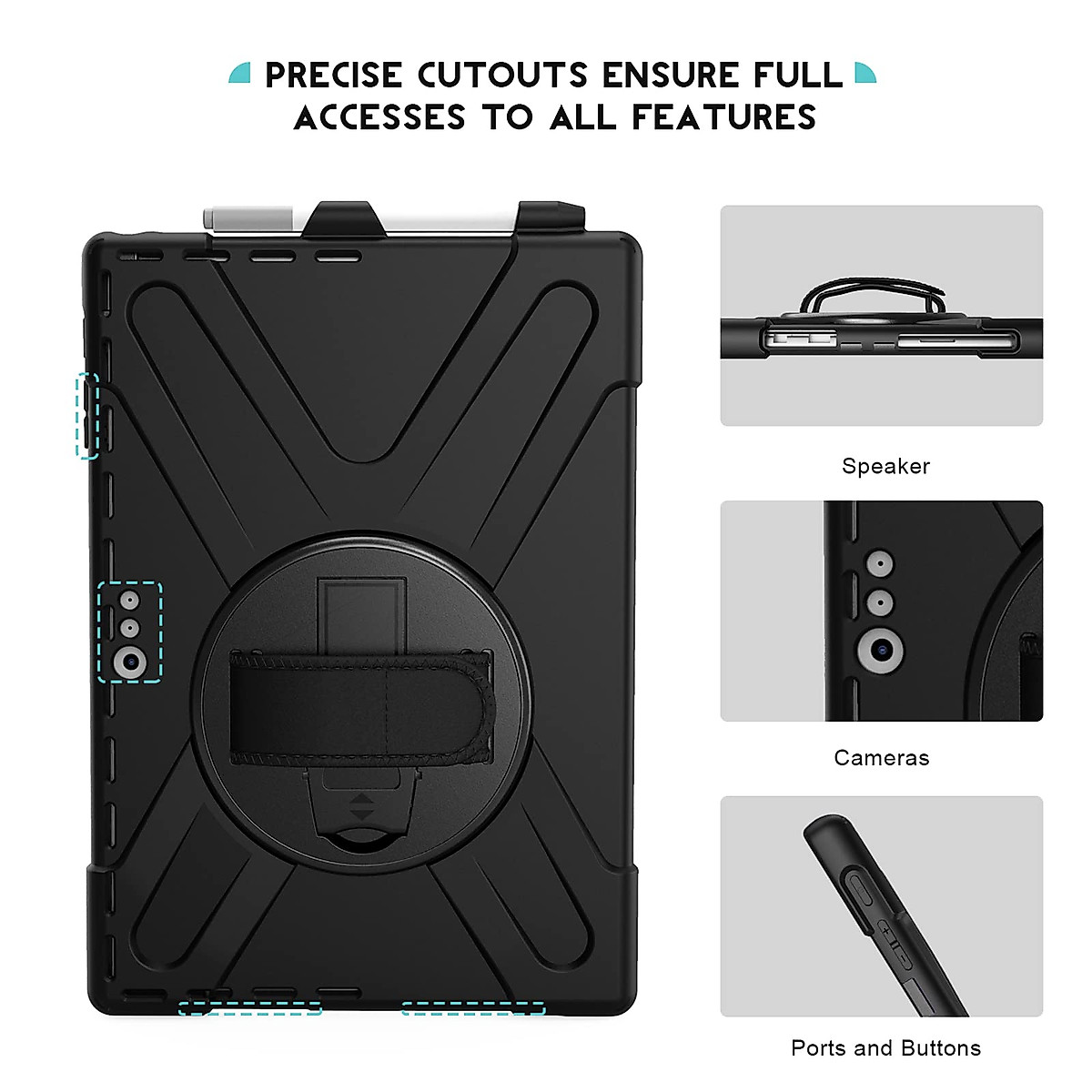 ProCase Surface Pro 7 Plus/Pro 7 / Pro 6 / Pro 5 / Pro 4 / Pro LTE Case, Full Body Protective Case, 360 Degree Rotatable Heavy-Duty Cover with Hand Strap, Shoulder Belt and Kickstand -Black