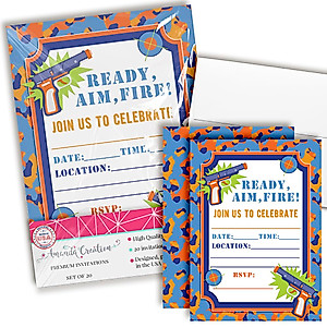 Dart Gun Birthday Party Invitations, 20 5x7 Fill In Cards with Twenty White Envelopes by AmandaCreation