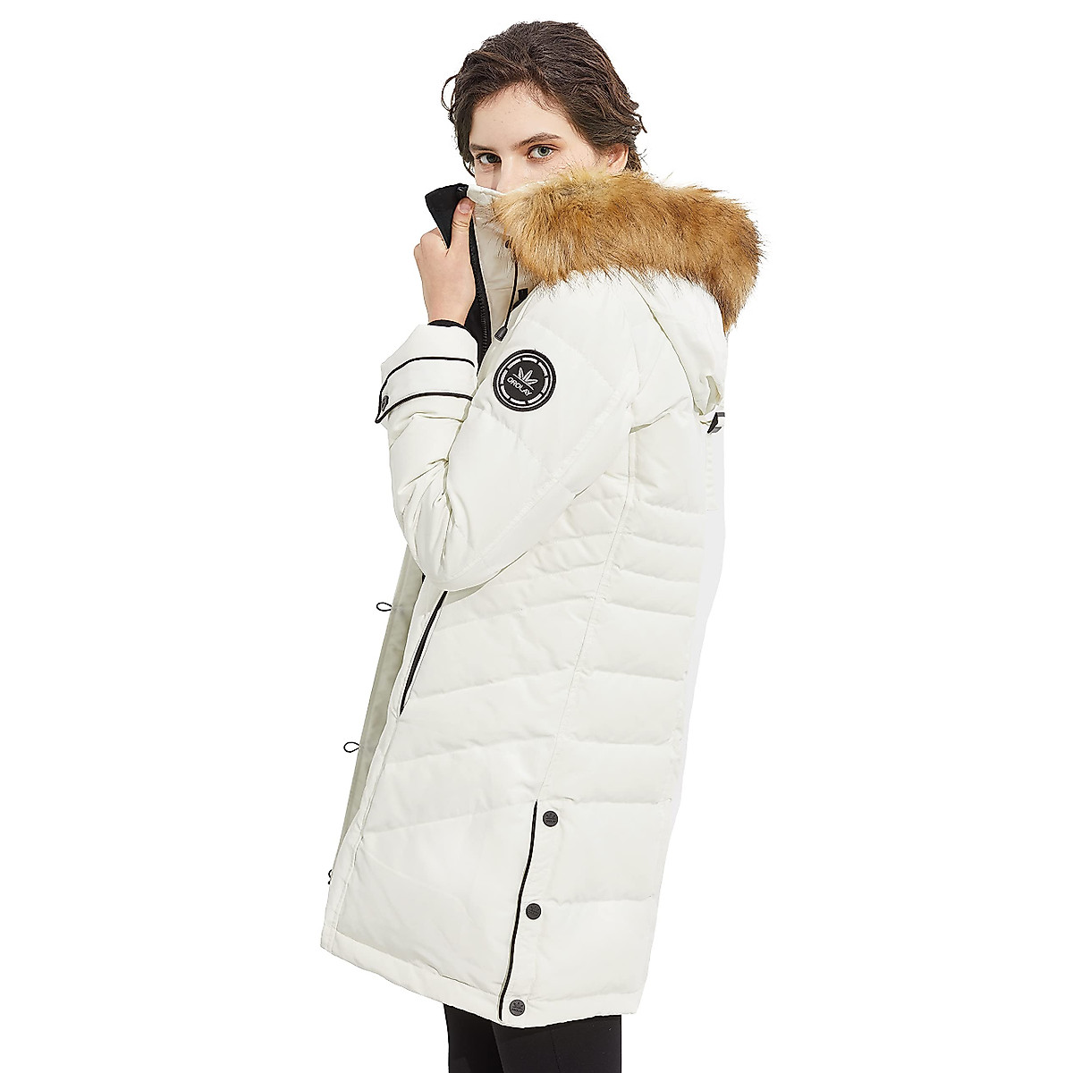 Orolay Women's Hooded Slim Puffer Jacket Quilted Mid Length Winter Down CoatWhite L