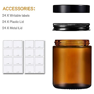 PrettyCare 24 Pack 8 OZ Amber Candle Jars for Making Candles, Round Glass Jar with Lids Leakproof Containers for Food Storage, Canning Jar for Spice, Liquid, Powder, Lotions
