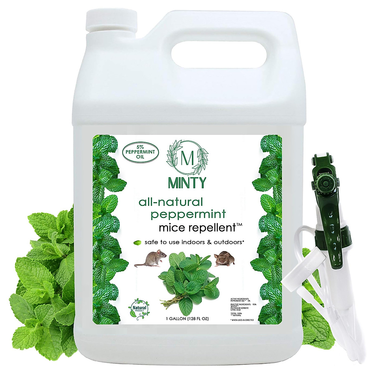 Minty Mice Repellent, Natural 5% Peppermint Oil Spray for Mice, Mouse, Rats and Rodents Indoor and Outdoor, House and Car Engine Use, 128 fl oz