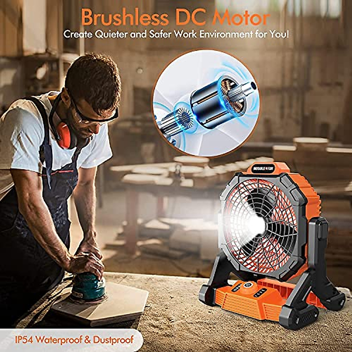 OTYTY Portable Fan Rechargeable, Cordless Fan for Jobsite & Industrial, 14400mAh Battery Operated Fan with LED Light, 3500CFM Strong Airflow, 270° Adjustable Quiet and Powerful Personal Fan