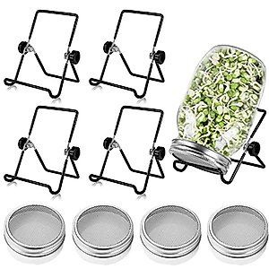 Homaisson 4 Packs Sprouting Jar Lids Sprouting Stand, Stainless Steel Mason Sprouting Jar Lids with 4 Jar Stands, 3.39inch Breathable Wide-Mouth Sprouting Jar Lids for 3.39inch Mason Jars, Grow Bean Sprouts, Broccoli Seeds, Alfalfa,