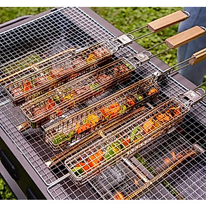 4 Packs 22” Extra Long Stainless Steel Kabob Grilling Baskets with Foldable Handle - Easy Lock 0.4” Mesh Grid Not Falling Out Design Grill Basket Set, Kabob Baskets for Grilling Vegetables, Seafood, Meat
