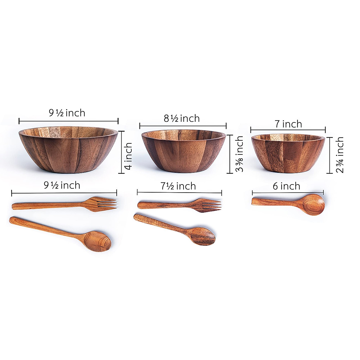 Large Acacia Wood Nesting Round Set 3 Serving Bowls 9½” 8½” 7” with Utensils Wooden Forks and Spoons Mix size Stackable Dish for Fruit Salad Vegetables Pasta Soup Cereals Decorative Wooden Nest Bowl