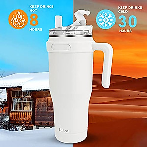 Zukro 50 oz Mug Tumbler With Handle And Flip Straw, Leakproof Vacuum Insulated Stainless Steel Cup Water Bottle with 2-in-1 Lid,Large Travel Mug, Fit in Cup Holder, Keeps Cold for 30 Hours, White