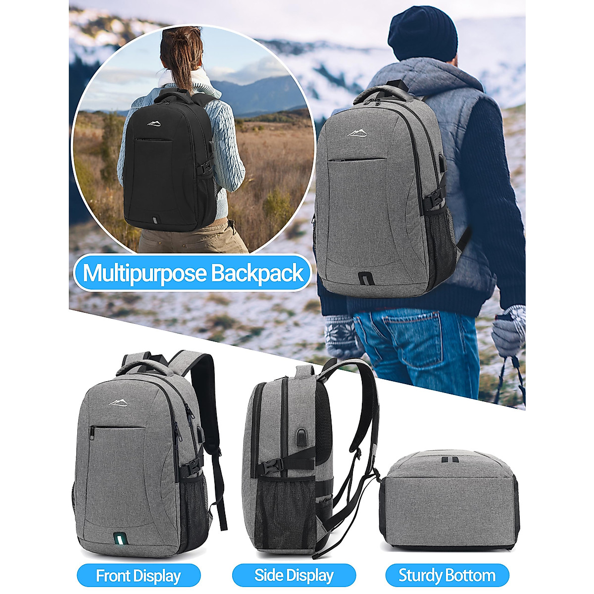 ProEtrade Laptop Backpack, Business Travel Anti Theft Bookbag with USB Charging Port for School College Work Computer Bag Daypack Fit 15.6 Inch Notebook, Gifts for Men Women Teen (Grey)