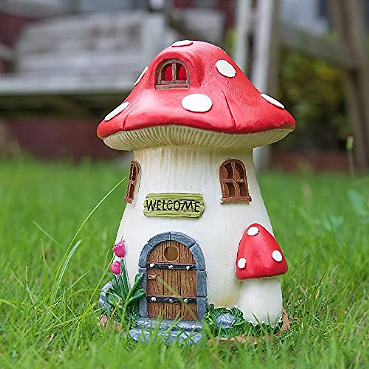 WONDHOME Mushroom Illuminated Miniature Fairy Landscape House with Solar Powered LED Outdoor Garden Statue