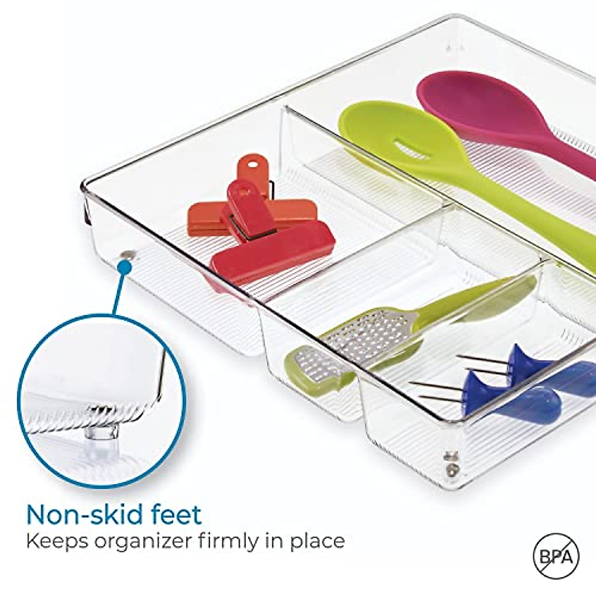 iDesign Linus Kitchen Drawer Organizer for Silverware, Spatulas, Gadgets - 12" x 12" x 2", Clear