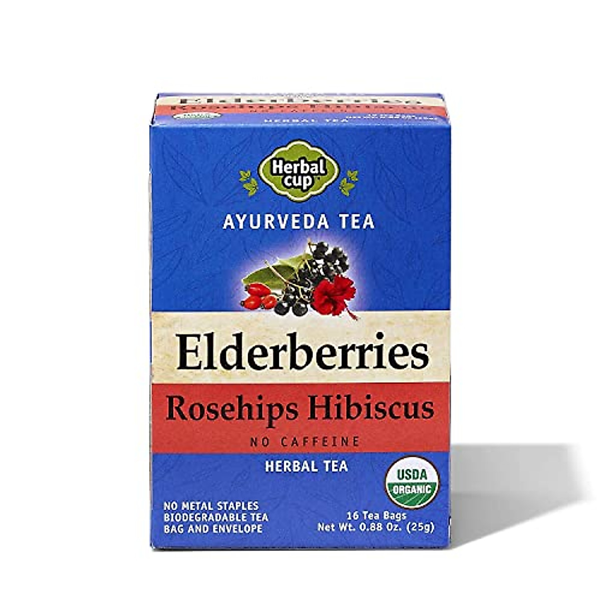 Herbal Cup Ayurveda Elderberries Tea, Organic Rosehips Hibiscus, No Caffeine Herbal Supplement (16 Count, Pack of 1)