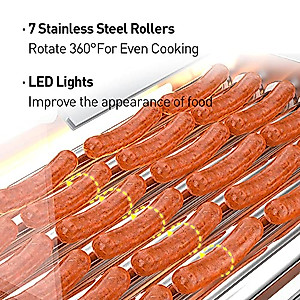 Leconchef Hot dog roller machine Commercial Grade Stainless Steel Electric 24 Hot Dog 7 Roller Grill Cooker Machine with Detachable Glass Cover、Dust cover and LED Lights, 1200-Watts