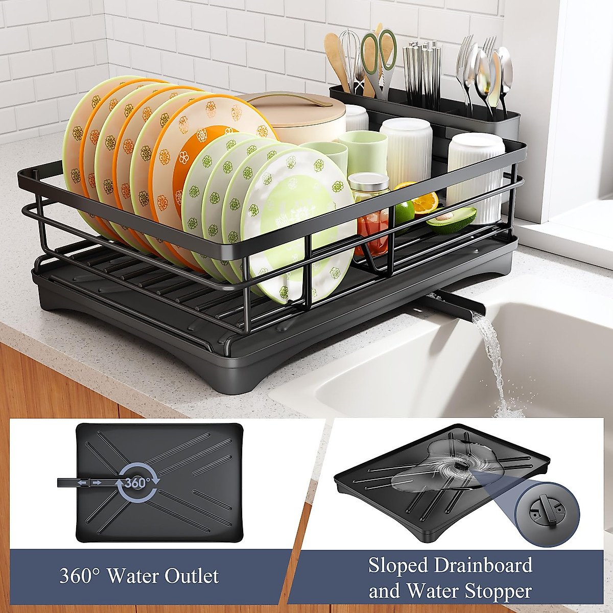 Dish Drying Rack - Stainless Steel Dish Rack for Kitchen Counter, Large-Capacity Dish Drainer with Cutlery Holder, Kitchen Organizer for Dishes, Spoons and Forks, Black