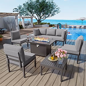 ALAULM 8 Pieces Metal Patio Furniture Set with Propane Fire Pit Table Modern Outdoor Furniture w/55000 BTU Fire Pit Patio Sectional Sofas w/5.1'' Sponge Cushions for Patio, Backyard, Poolside-Grey