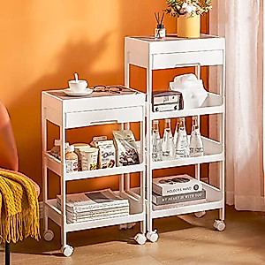 POCHY Multipurpose Kitchen Storage Wagon Service Trolley Cart 3 Tier Rolling Cart with Lockable Wheels Multifunction Movable Storage Shelves for Bathroom Office Balcony Living Room (Color : White, S