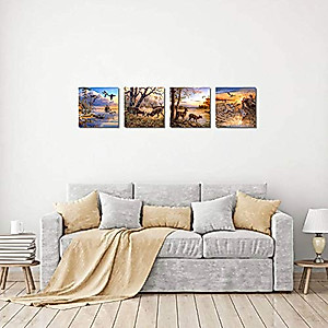 ArtHome520 Yellow Fall Landscape Wild Duck Wall Art Wildlife Canvas Printed Oil Painting Home Decor orange Animal Deer Picture for Living Room Modern Framed 4 Panel (12''x12''x4pcs)