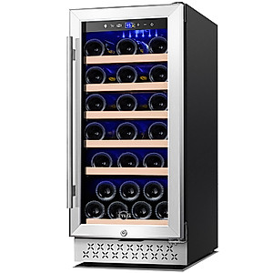 Tylza 15 Inch Wine Cooler Under Counter, 30 Bottle Capacity, Stainless Steel Tempered Glass Door, Constant Temperature Technology, Removable Shelves, Smart Control, 3.6 Cubic Feet