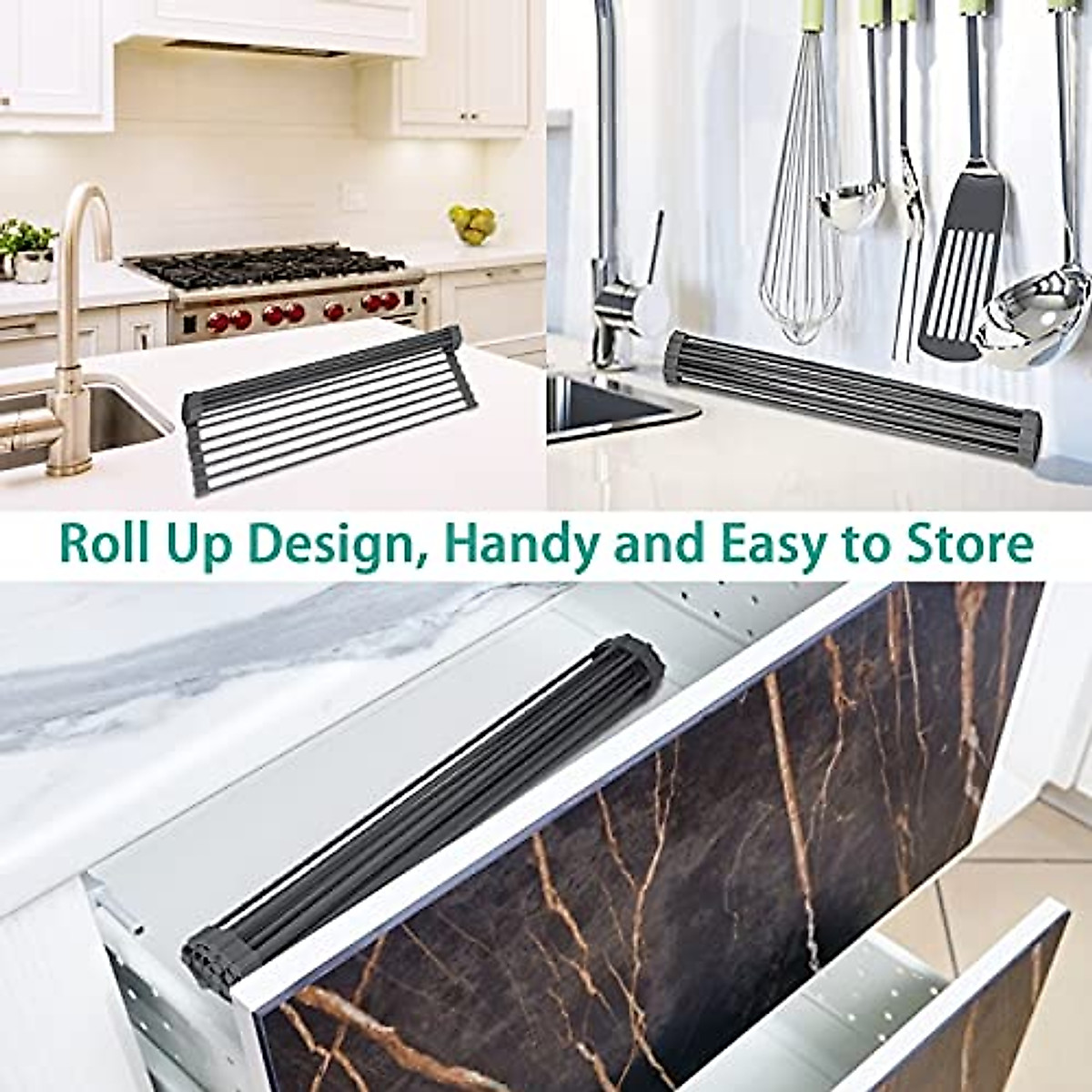 Roll Up Dish Drying Rack, 20.4’’ x 14.1’’ Over The Sink Multipurpose Roll Up Dish Rack Kitchen Portable Roll Up Sink Drying Rack, Anti-Slip Silicone Rolling Dish Drainer for Kitchen Counter