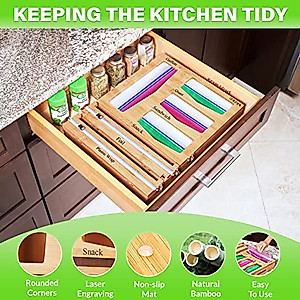 IDMOWN Ziplock Bag Organizer, Foil And Plastic Wrap Organizer, 6 In 1 Kitchen Drawer Organizer Compatible With Gallon Quart Sandwich Snacks, Wrap Dispenser With Cutter, Cutting Board and Washing Brush