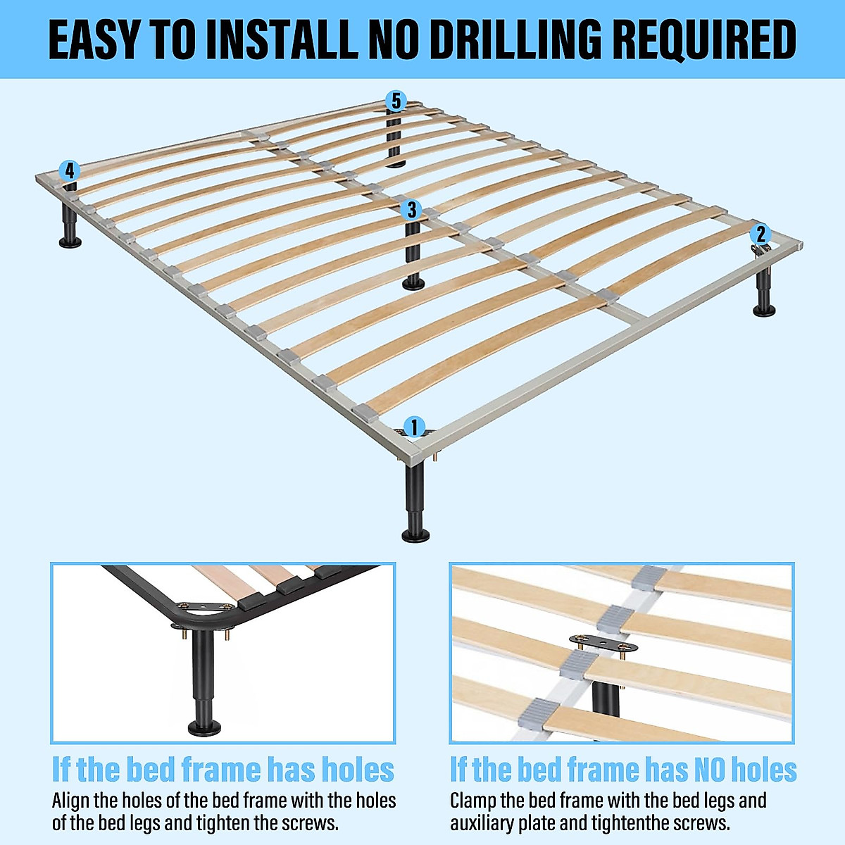 RealPlus 2pcs Adjustable Bed Frame Support Legs, Heavy Duty Metal Bed Center Slat Support Legs with Wider Base (5.9"-10")