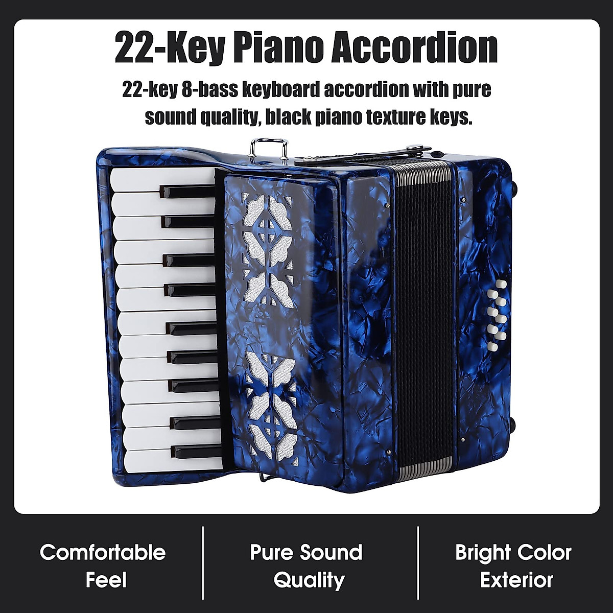 Accordion 22 Key 8 Bass Piano Accordion Keyboard Instrument Adjustable Accordion Strap Pure Sound Keyboard Accordion for Performance Amateur Musicians and Professionals