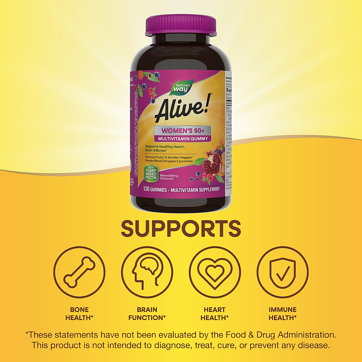 Nature's Way Alive! Women’s 50+ Daily Gummy Multivitamin, Supports Multiple Body Systems*, Supports Healthy Heart, Brain & Bones*, B-Vitamins, Mixed Berry Flavored,130 Gummies (Packaging May Vary)