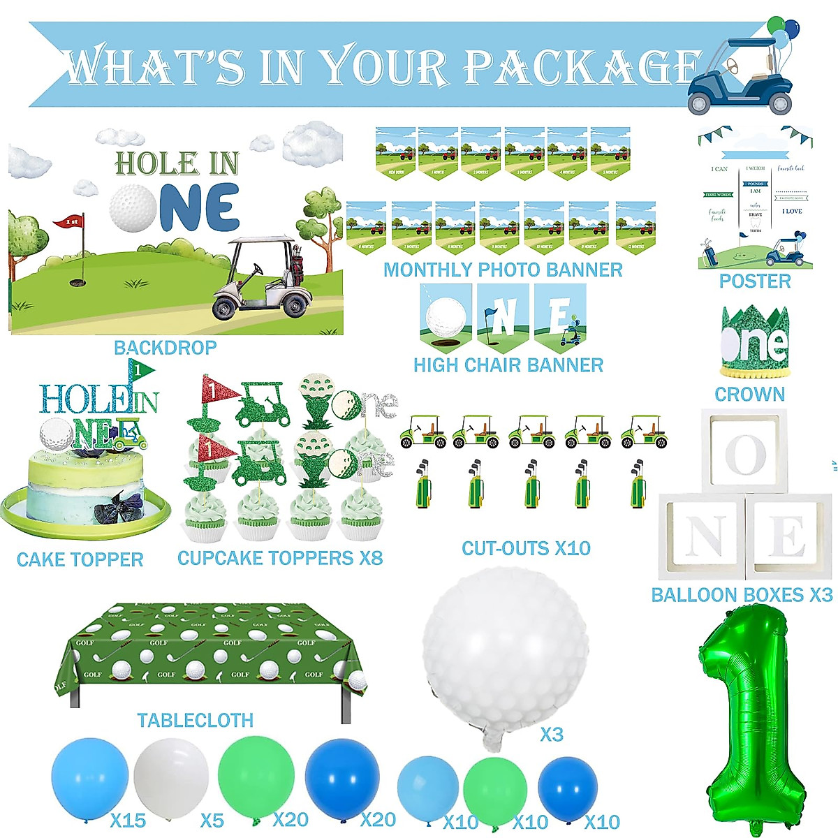 129 PCs Hole In One First Birthday Decorations, Fiesec Golf 1st Party Decorations Backdrop Balloon Garland Banner Tablecloth Cake Cupcake Topper Box Cutout Crown Poster Golf Club Ball Green Blue