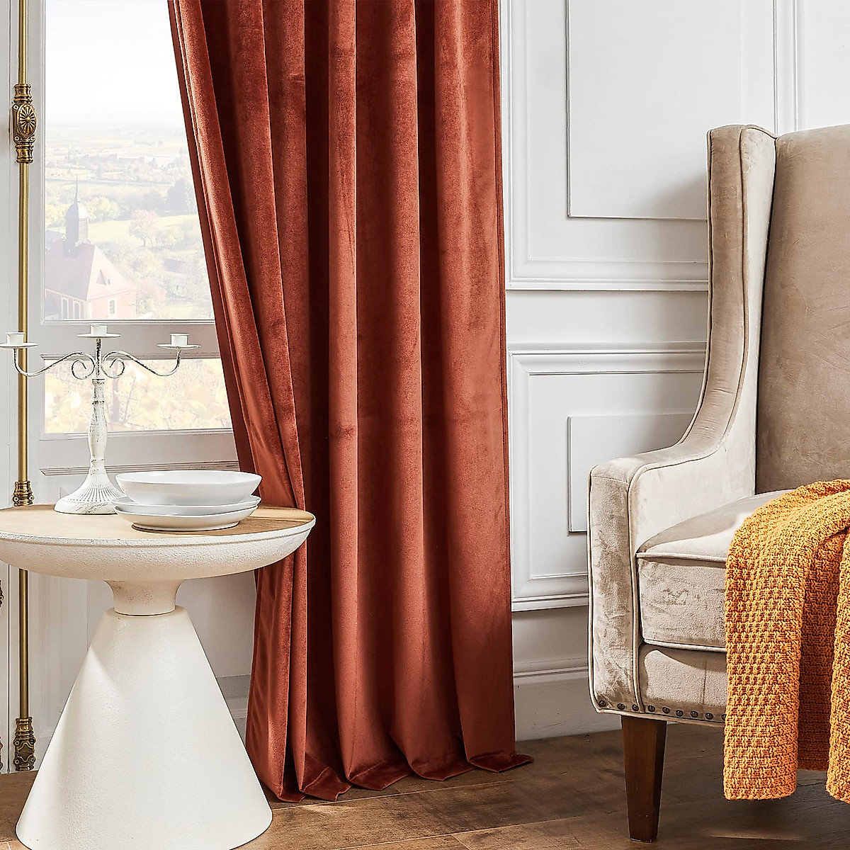 Timeper Red Velvet Curtains 96 inches - Holiday Decor Rust Velvet Curtains Back Tab Blackout Drapes Thick Soft Decorative Backdrop Curtains, Rust Red, W52 x L96, 2 Panels