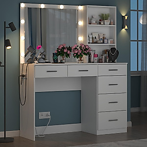 Gyfimoie 39 Inches White Vanity Desk with Lights, 6-Drawers Makeup Vanity Table with Power Strip and Storage Shelves, Dressing Table with Lighted Mirror for Women Girls