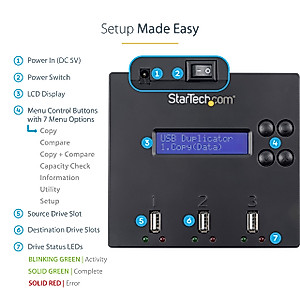 StarTech.com Standalone 1 to 2 USB Flash Drive Duplicator / Cloner / Eraser, Multiple USB Thumb Drive Copier / Sanitizer, System File / Sector-by-Sector Copy, 1.5 GB/min, 3-Pass Erase, LCD, TAA