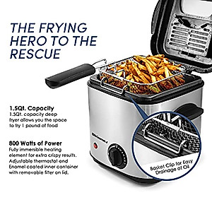 Elite Gourmet EDF1550 Electric 1.5 Qt. / 6 Cup Oil Capacity Deep Fryer, Adjustable Temperature, Removable Basket, Lid with Viewing Window, Stainless Steel