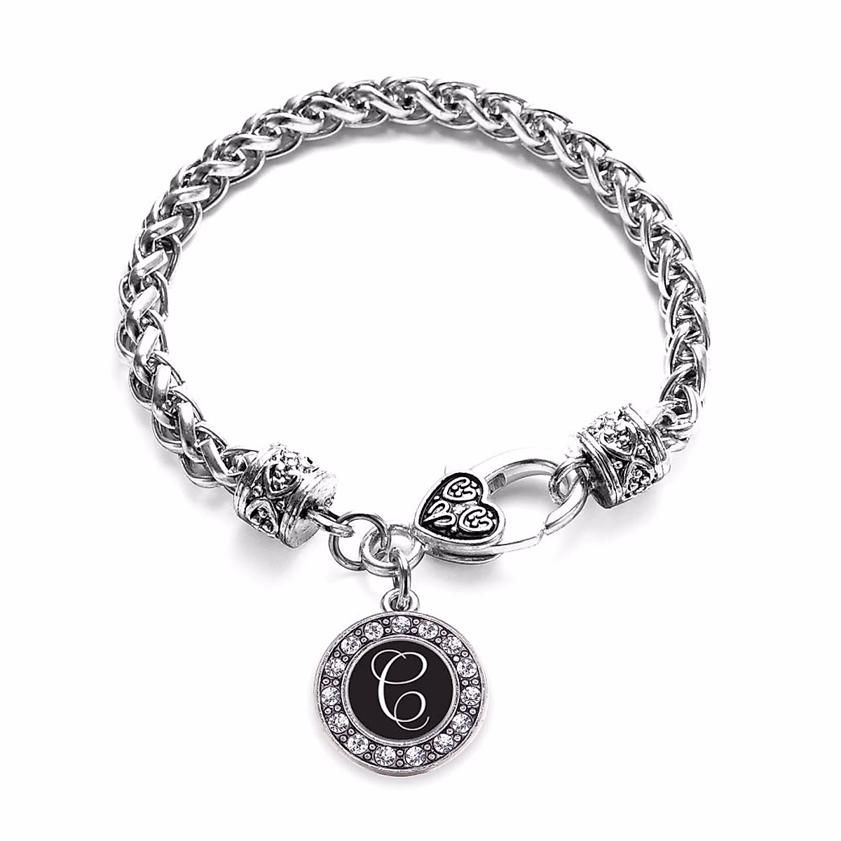 Inspired Silver - My Script Initials - Letter C - Silver Braided Bracelet for Women - Circle Charm Bracelet Jewelry Gift with Cubic Zirconia - Women's Charm Bracelet with Lobster Claw Clasp