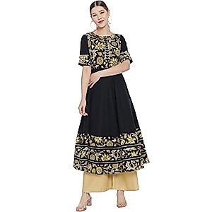 Yash Gallery Women's Cotton Floral Print Anarkali Kurta (Black)