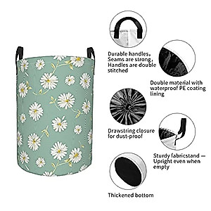 Laundry Hamper Basket Green White Daisy Flower Clothes Sorter Bin Lid Household Organizer Toy Garment Sturdy With Handle Collapsible For Home Laundromat Dorm Bathroom