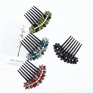 Lawie 4 Pack Luxury Jeweled Gems Crystal Rhinestone Sparkly Glitter Flower Leaf Black Plastic Side French Twist Hair Combs Long Teeth Slide Hairpins Barrettes Bun Chignon Clips Holder for Women Girl