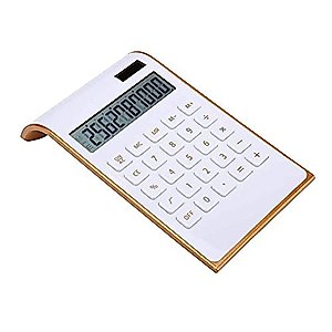 Leoyee Calculator, Slim Elegant Inclined Design, Dual Powered Desktop Calculator, Office/Home Electronics, Solar Power, Tilted LCD Display,10 Digits (White Golden)