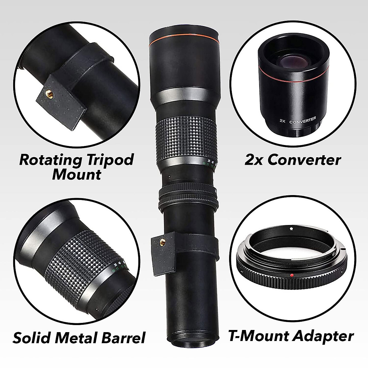 Hi-Resolution 500mm/1000mm Manual Preset Telephoto Reflex Lens for Canon EOS Rebel T3i, T4i, T5, T5i, T6, T7, T6i, T6s, T7i, SL1, SL2, EOS 60D, 70D, 77D, 80D, 5D III, 5D IV, EOS 7D, 7D II, 90D Cameras