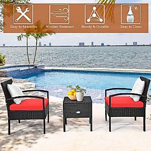 COSTWAY Rattan Patio Furniture Set 3 Pieces, Wicker Conversation Set with Tempered Glass Coffee Table, Seat Cushions, Outdoor Chair Wicker Sofa for Backyard Balcony Porch Poolside, Red