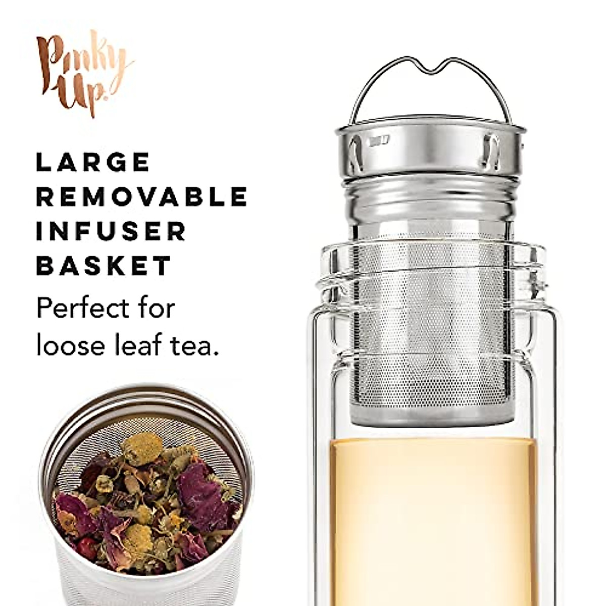 Pinky Up Blair Loose Leaf Tea Travel Infuser Mug, Double-Walled Glass and Stainless Steel with Bamboo Lid, 16 oz, Clear