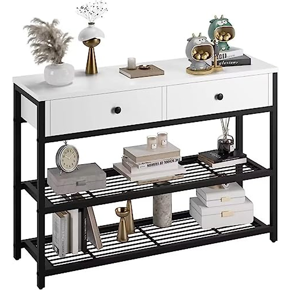 NOIFUM Console Table with 2 Drawers, 40 Inch Sofa Table with 3-Tier Storage Shelves, Vintage Hallway Foyer Table Entryway Table for Living Room, Rustic White