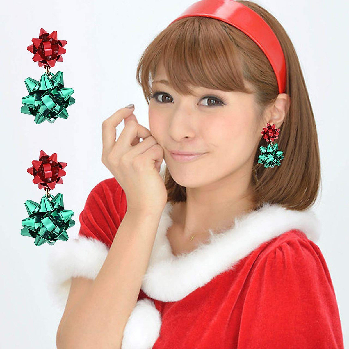CEALXHENY Christmas Earrings for Women Festive Bow Drop Dangle Earrings Gift Stud Earrings Set for Women (A Red+Green)