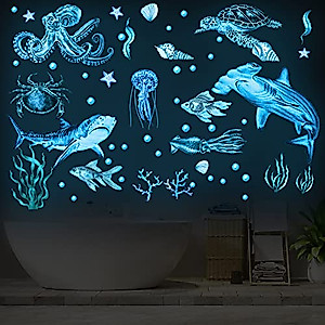 4 Pieces Glow in The Dark Ocean Wall Decals Under The Sea Wall Decals Fish Wall Decals PVC Sea Animals Wall Stickers for Kids Room Living Room Nursery Bathroom Decoration