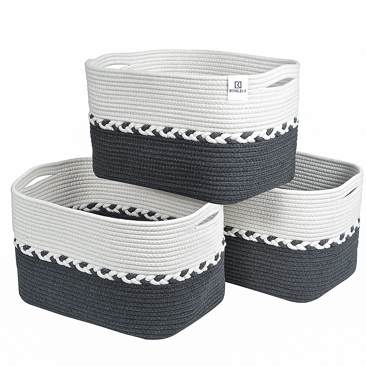 RITHLELA Cotton Rope Cube Shelf Storage Baskets Set of 3, Woven Baskets Fabric Bins Cat Toy Baskets Shelves Nursery Basket for Bathroom Bedroom Dark Grey & White 15"x10"x9" Design