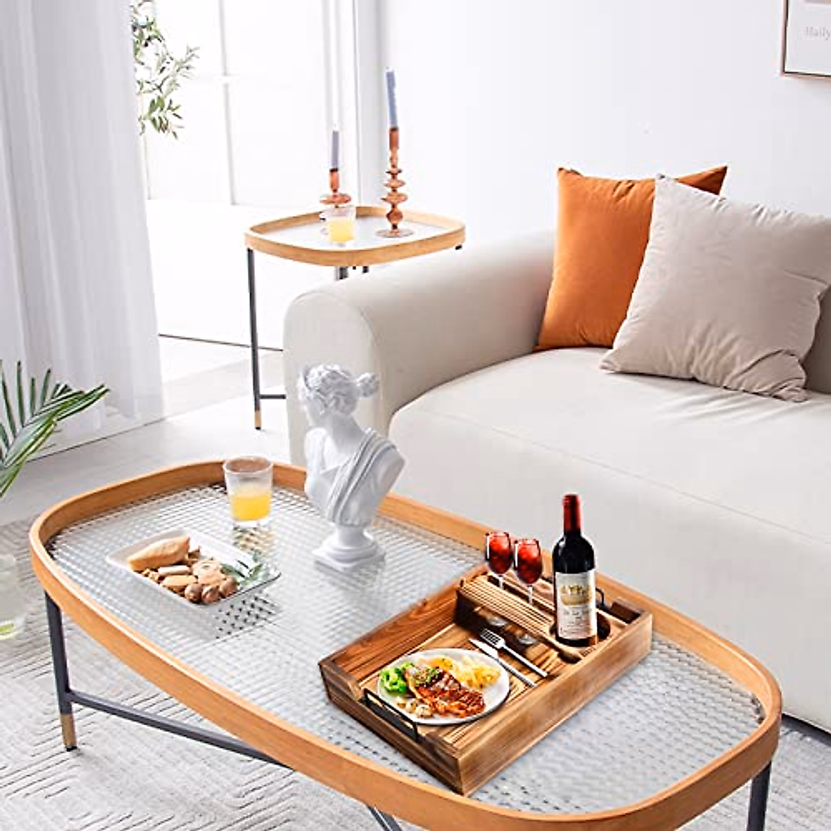 Wood Ottoman Serving Tray with Handles & Cup Holder Wooden Wine Serving Tray with Removable Glass Holder Antique Breakfast Serving Trays in Bed Coffee Table