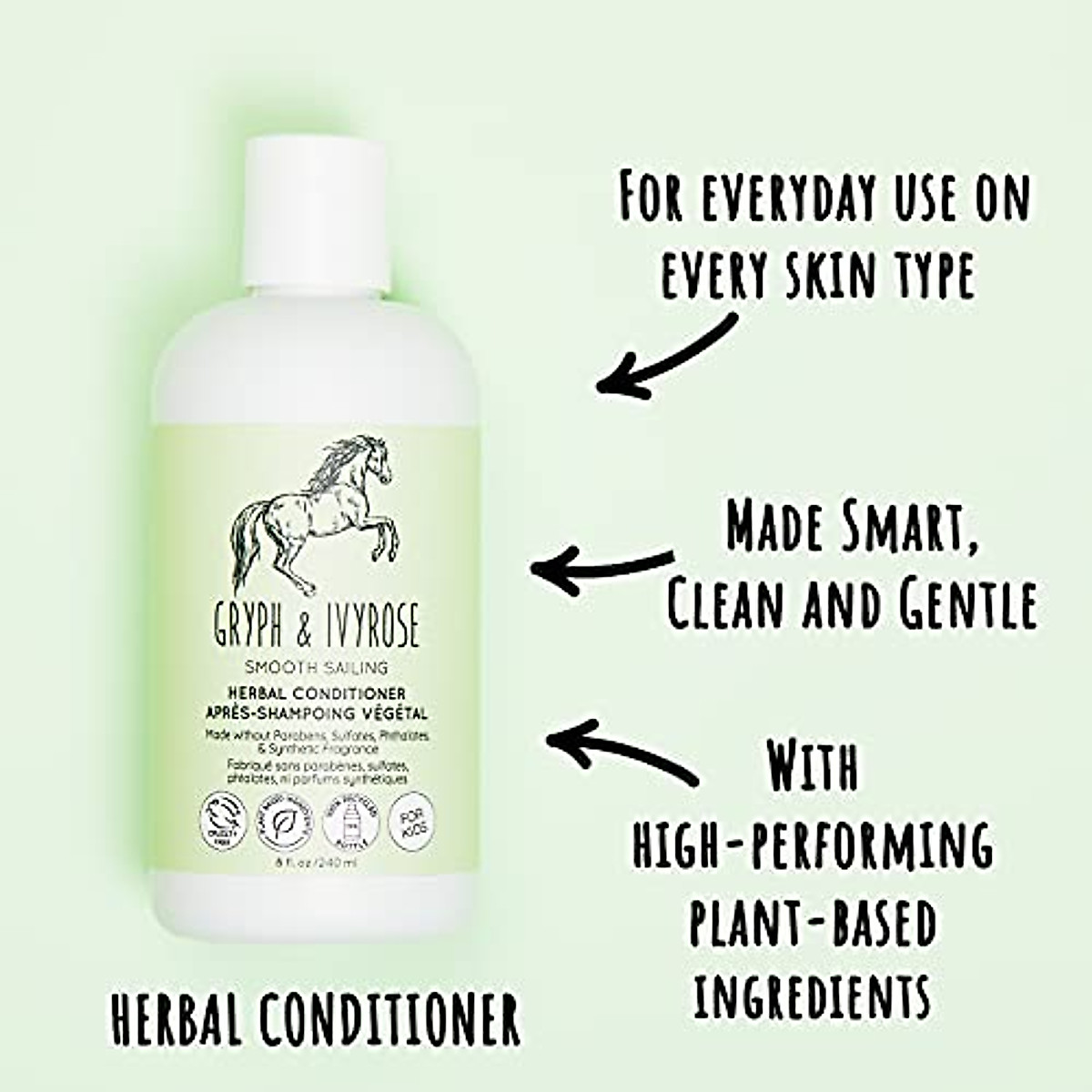 Gryph & IvyRose Smooth Sailing Herbal Hair Conditioner for Kids - All Natural, Sustainable, Cruelty Free, No Parabens, No Sulfates, Vegan - USA Made - 8oz (1-Pack)