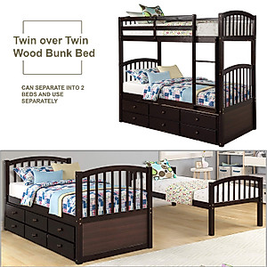 Merax Twin Bunk Bed with Ladder, Safety Rail, Twin Trundle Bed with 3 Drawers for Teens Bedroom, Guest Room Furniture(Espresso)