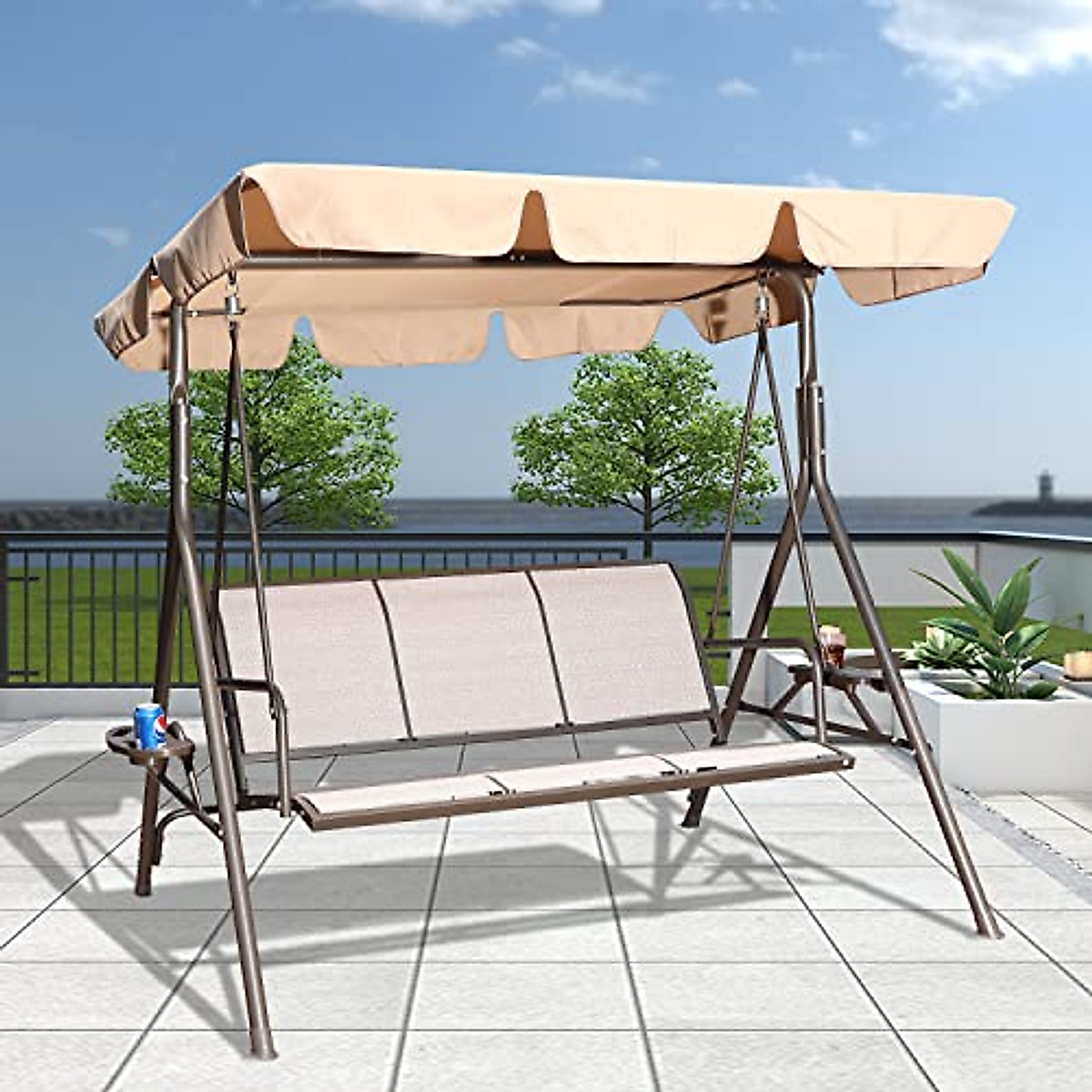 GOLDSUN 3 Person Outdoor Weather Resistant Patio Glider Swing Hammock Chair w/ Utility Tray & Sunshade Canopy for Patio, Garden, Deck, or Pool, Taupe