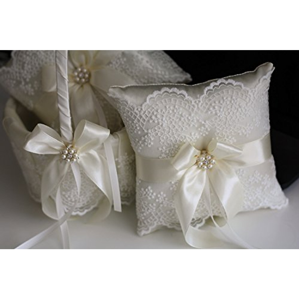 Alex Emotions Ivory Flower Girl Basket and Ring Bearer Pillow Set - Ivory Wedding Basket Pillow Set, Lace Ring Pillow, Lace Ring Holder, Lace Ring Pillow