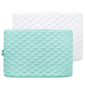 Pack n Play Sheet Quilted Waterproof Protector, 2 Pack Premium Fitted Pack n Play Pad Cover 39" X 27" fits for Baby Foldable and Playard Mattress, Portable Mini Crib,White&Aqua